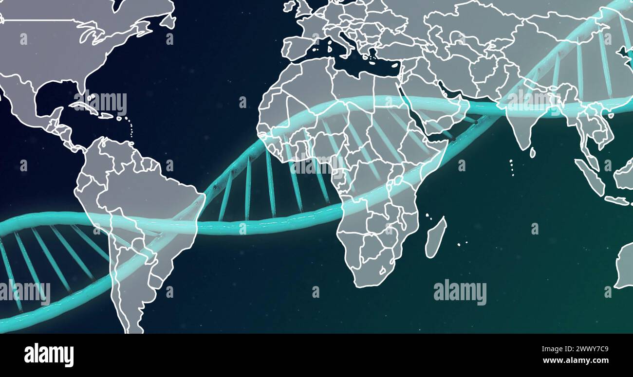 Image of dna strand over world map. Global science, research ...