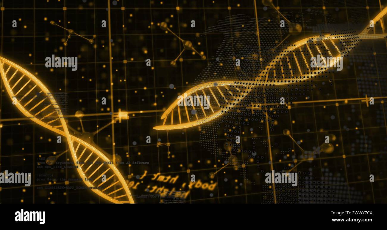 Image of dna strands over data processing. Global science, research ...