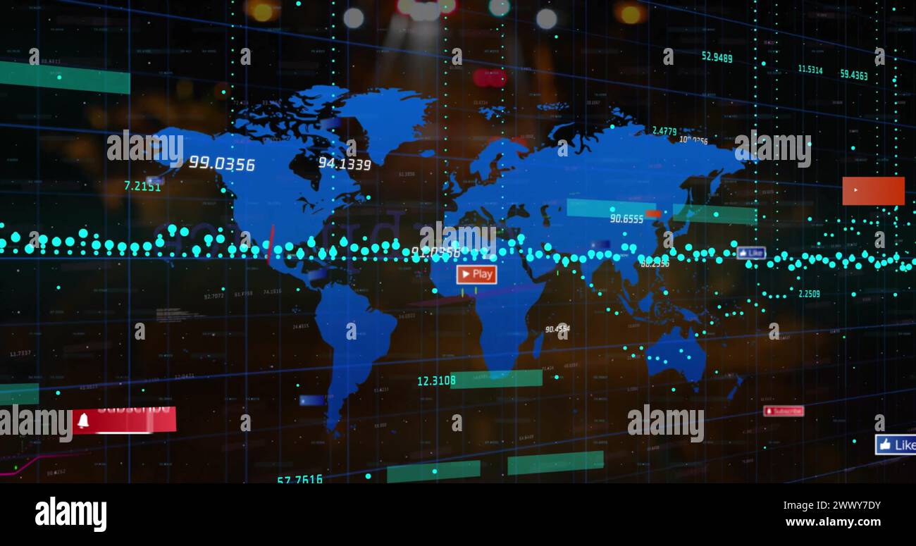 Image of social media notifications and data processing over world map. Data, social network ...