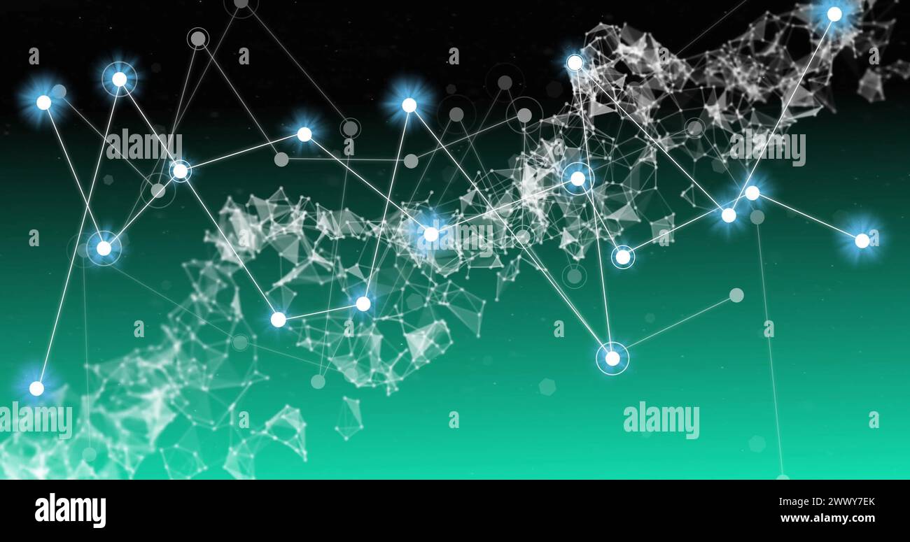Image of dna strand over network of connections with glowing spots ...