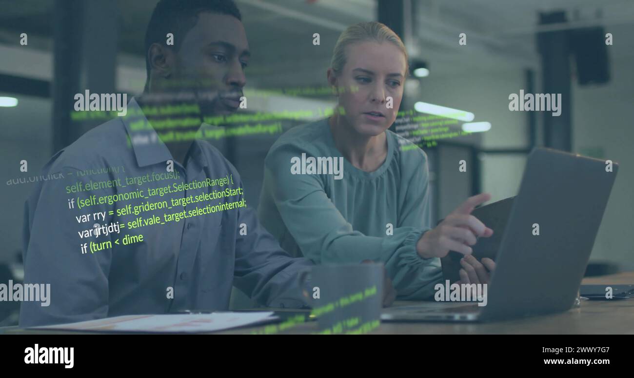 Image of data processing over diverse colleagues using laptop and ...
