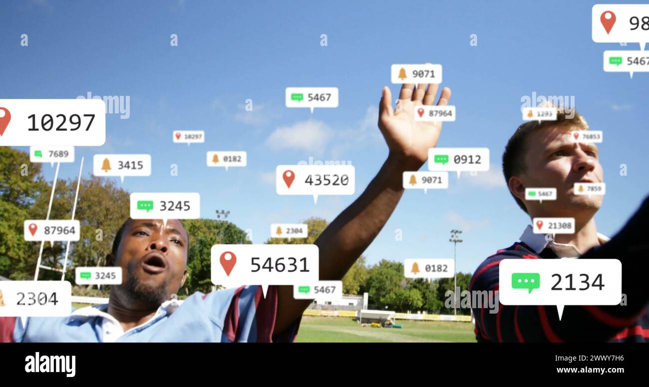 Image of social media notifications over diverse male rugby players in ...