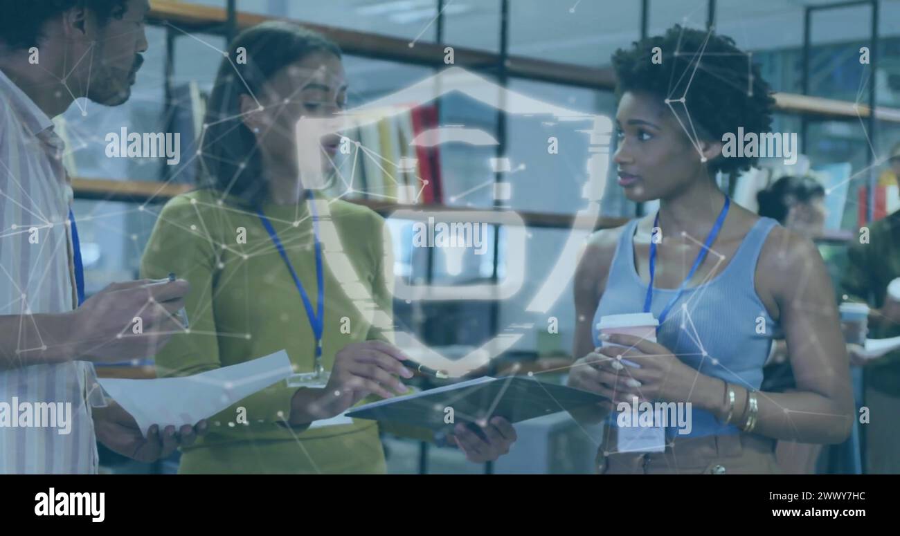 Image of padlock and data processing over diverse business people in ...