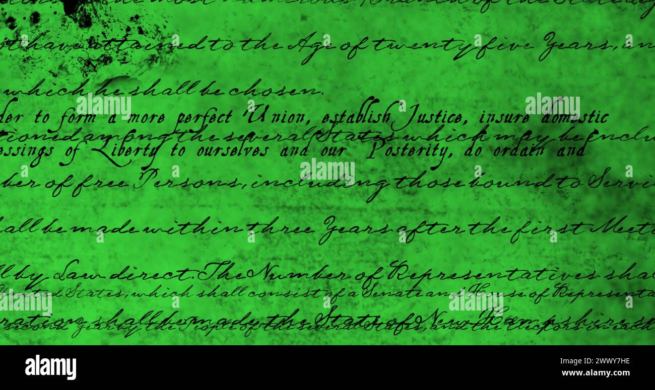 Digital image of a written constitution of the United States moving in ...