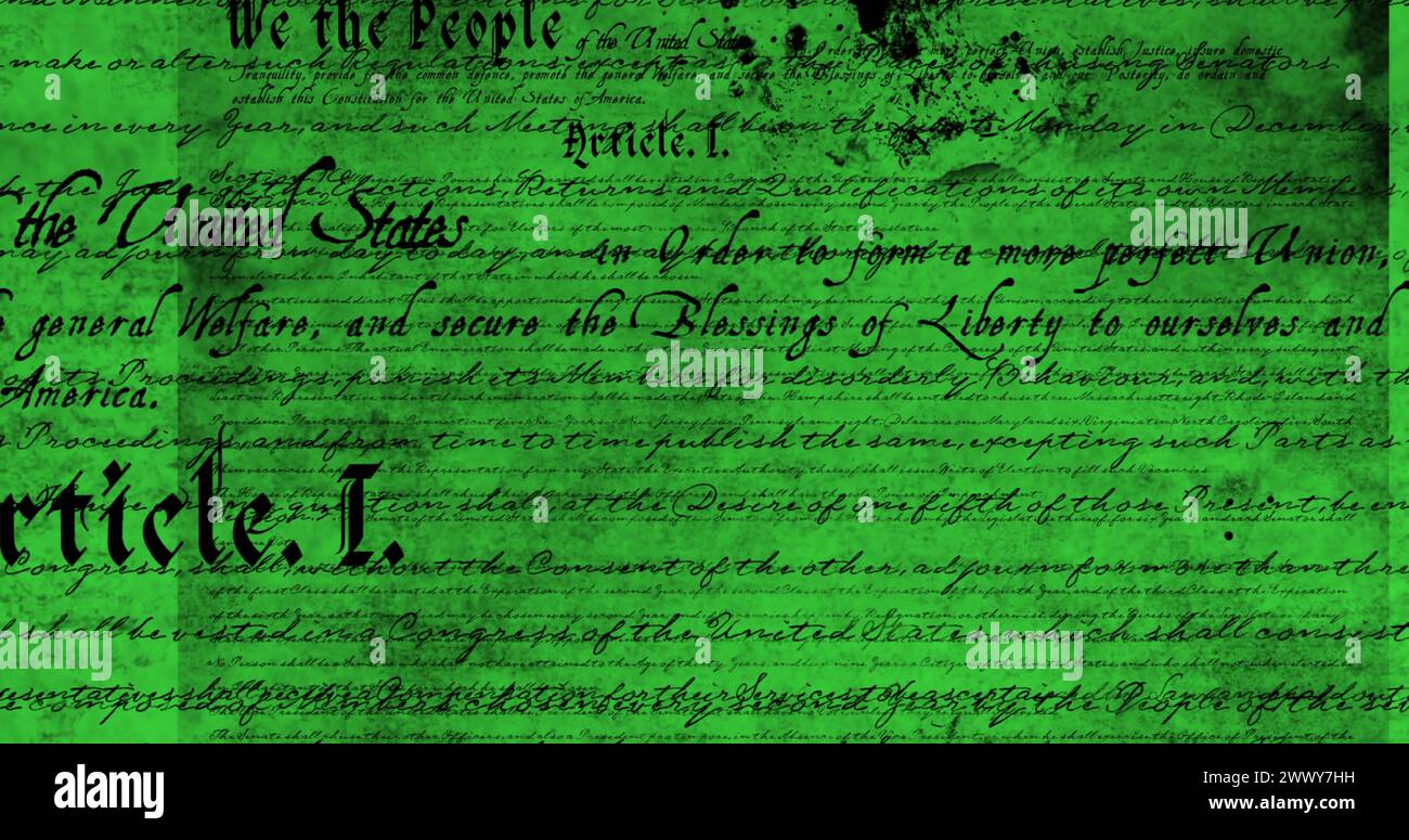 Digital image of a written constitution of the United States moving in ...