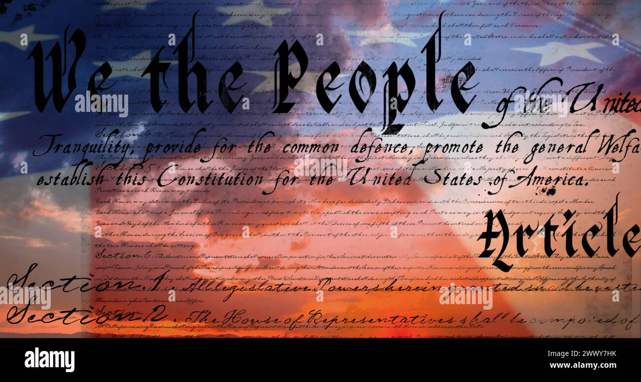 Digital image of a written constitution of the United States moving in ...