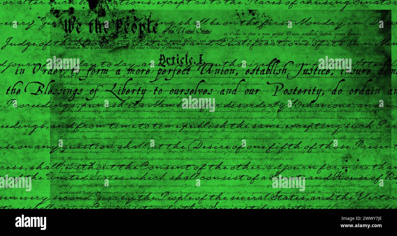 Digital image of a written constitution of the United States moving in ...