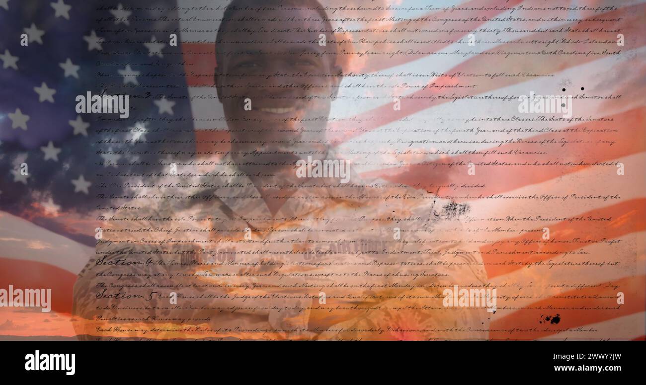 Digital image of a written constitution of the United States moving in ...