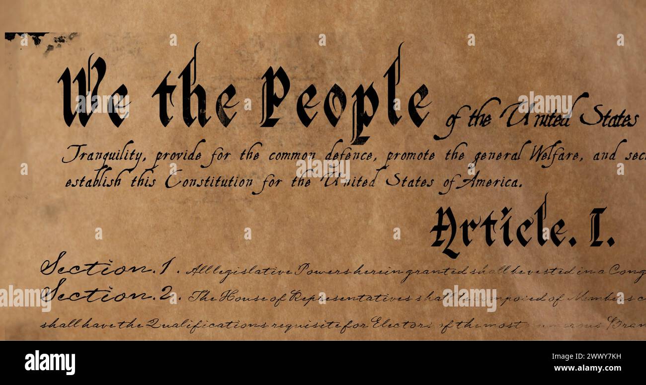 Digital image of a written constitution of the United States zooming in ...