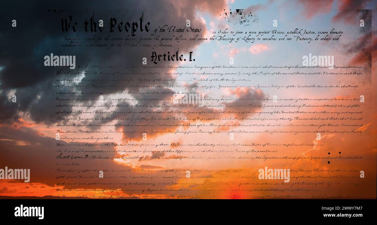 Digital image of written constitution of the United States moving in ...