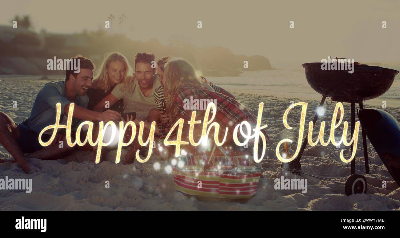 Digital image of gold Happy 4th of July greeting while background shows ...