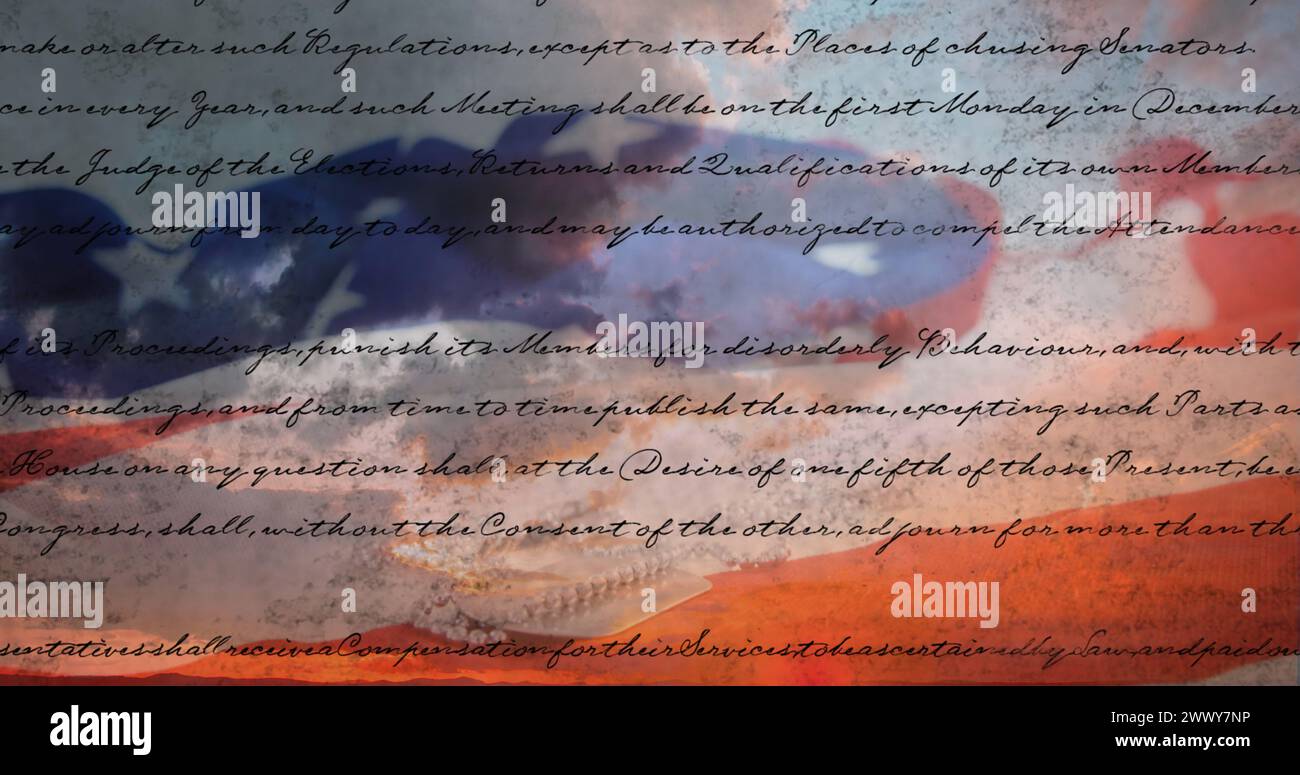 Digital image of written constitution of the United States moving in ...