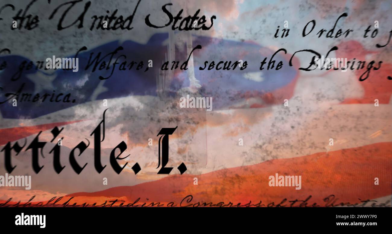 Digital image of written constitution of the United States moving in ...