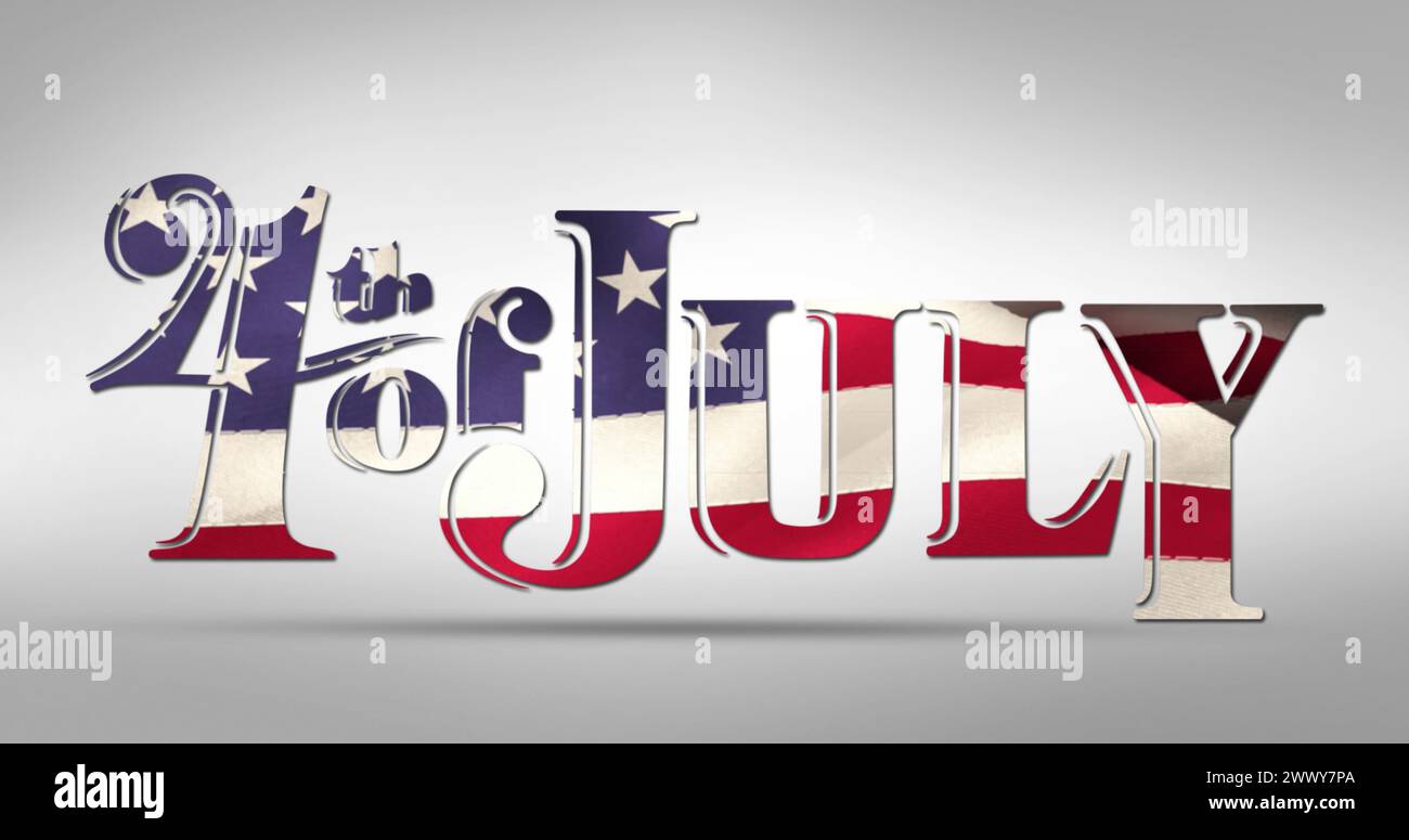 Digital image of 4th of July text with American flag waving against ...