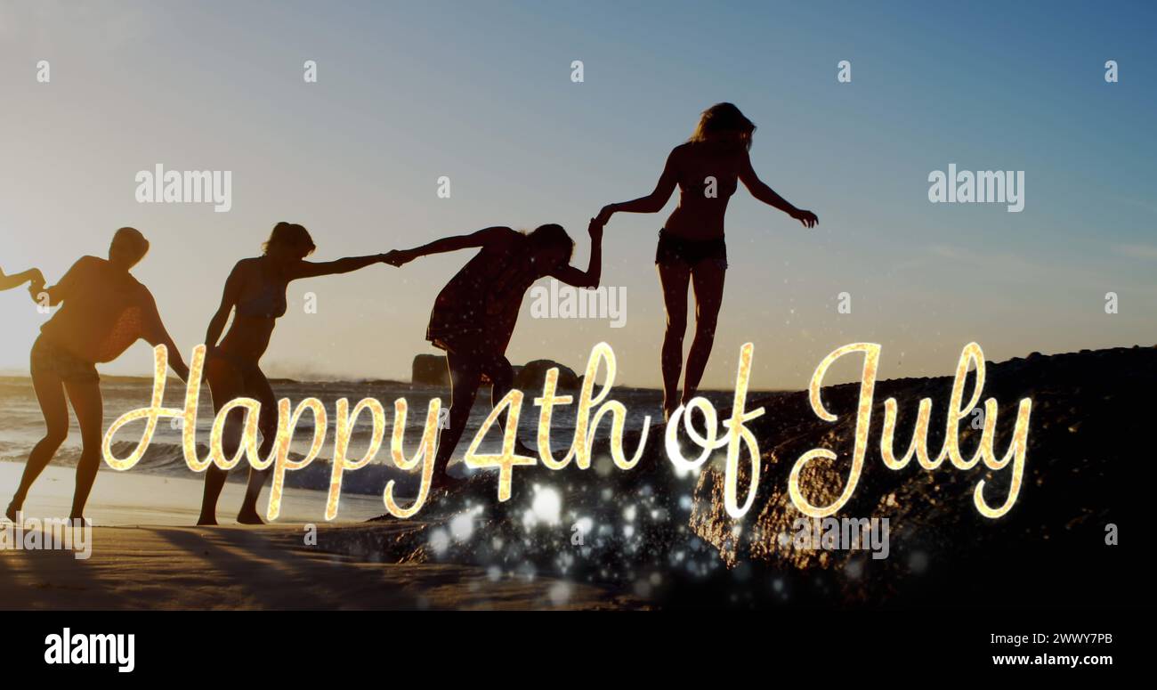 Digital composite of silhouette of diverse friends holding hands while ...