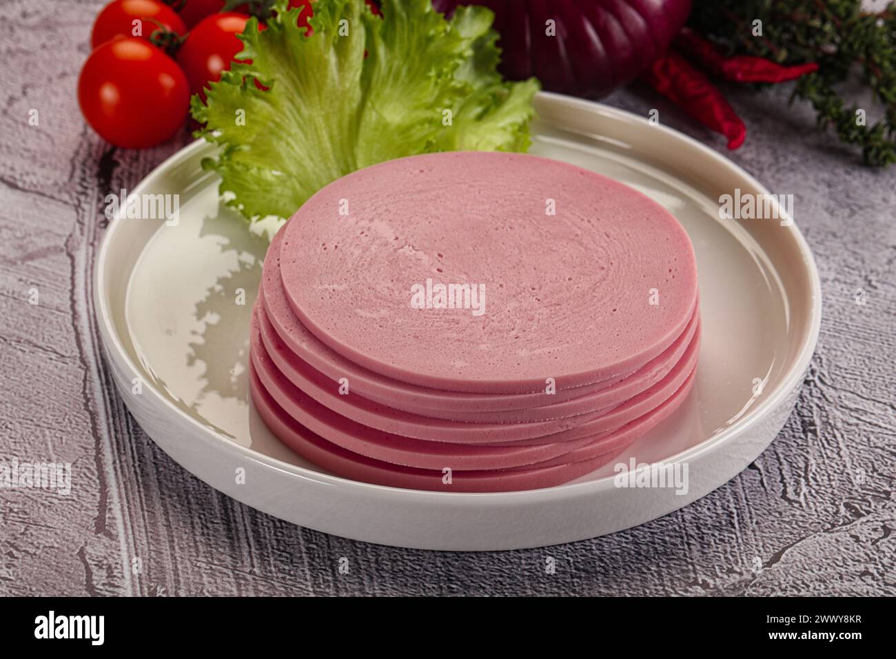 Boiled pork sliced sausage stack for breakfast Stock Photo - Alamy