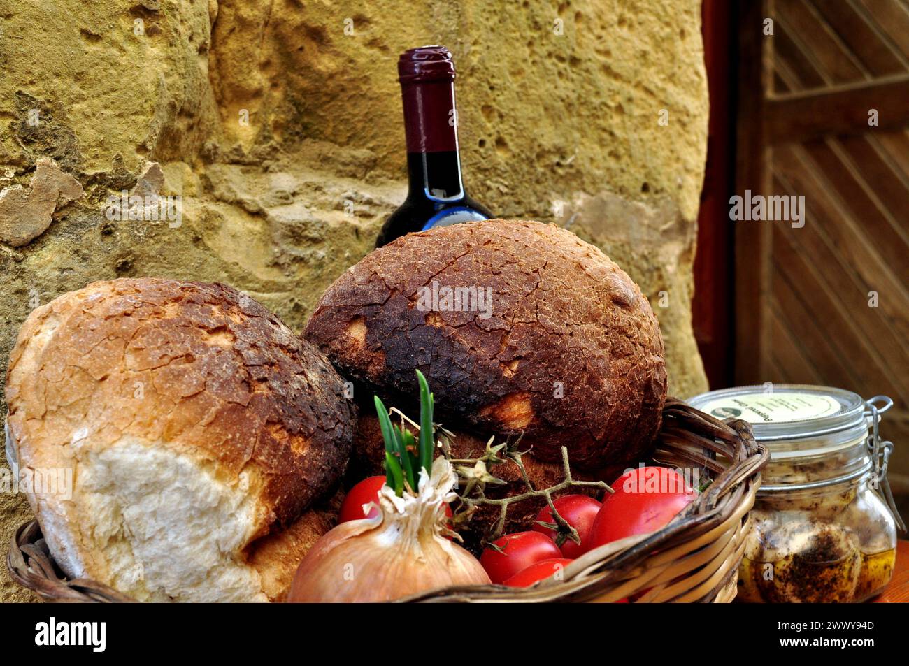 basket of rustic food and wine Stock Photo - Alamy