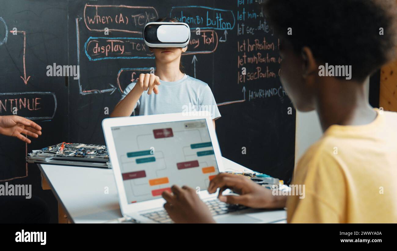 African boy programing system while caucasian girl enter metaverse ...