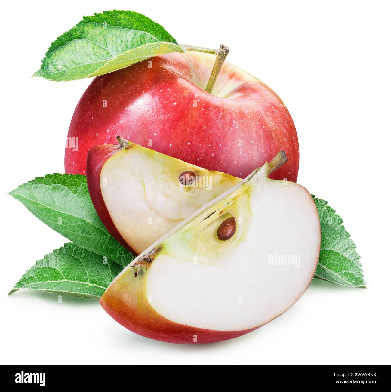 Red apple with leaves and red apple pieces on white background. File ...