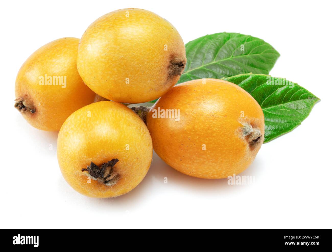 Loquats fruits with green leaves isolated on white background Stock ...