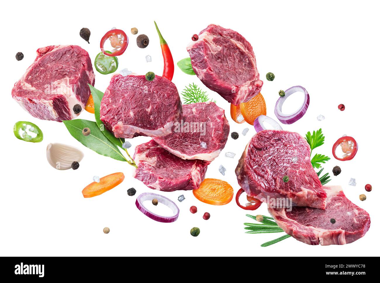 Flying pieces beef steaks hi-res stock photography and images - Alamy