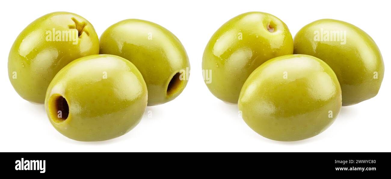 Three pitted olives and three whole olives isolated on white background ...