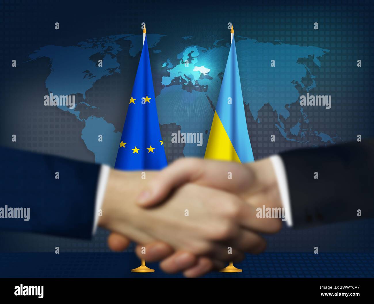 Two people shaking hands in front of EU and Ukraine flags.European ...