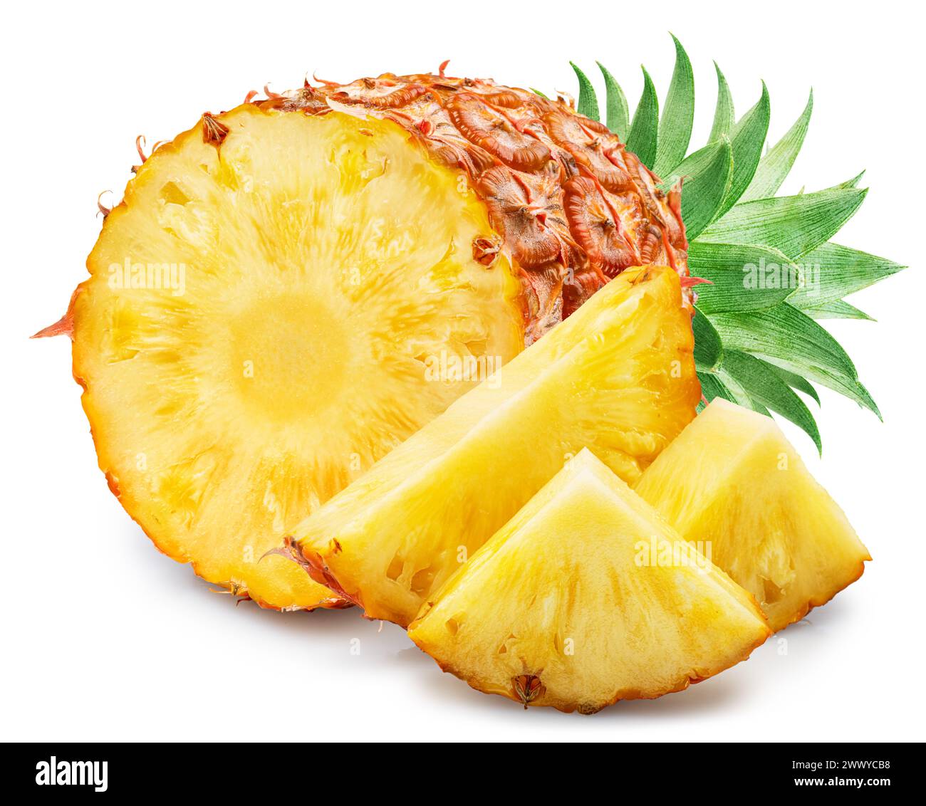 Ripe pineapple and pineapple slices isolated on white background. File ...