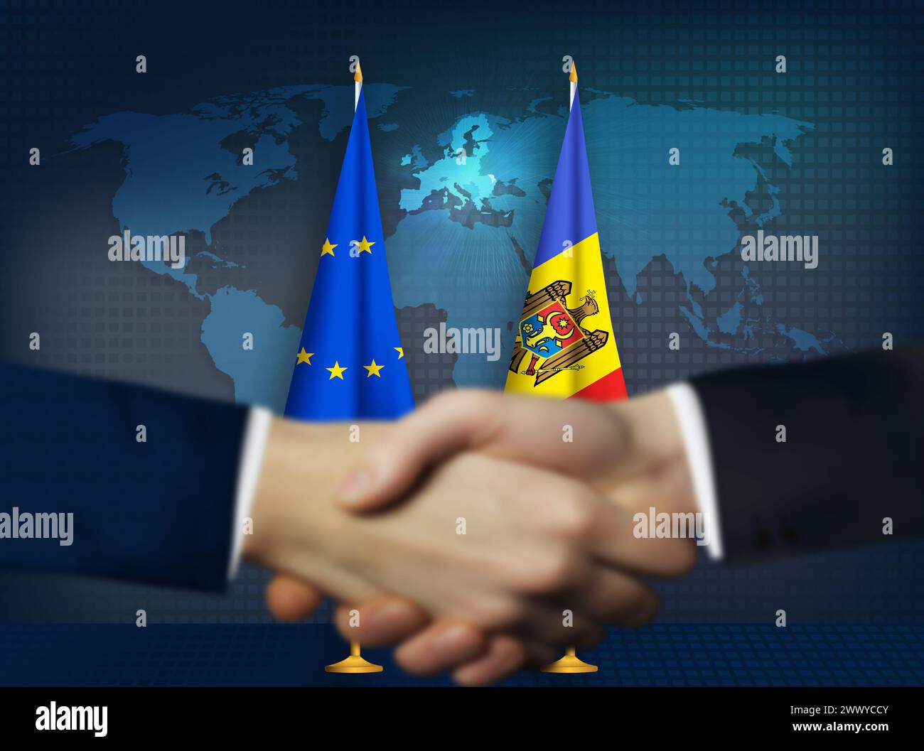 Two people shaking hands in front of EU and Moldova flags.European ...