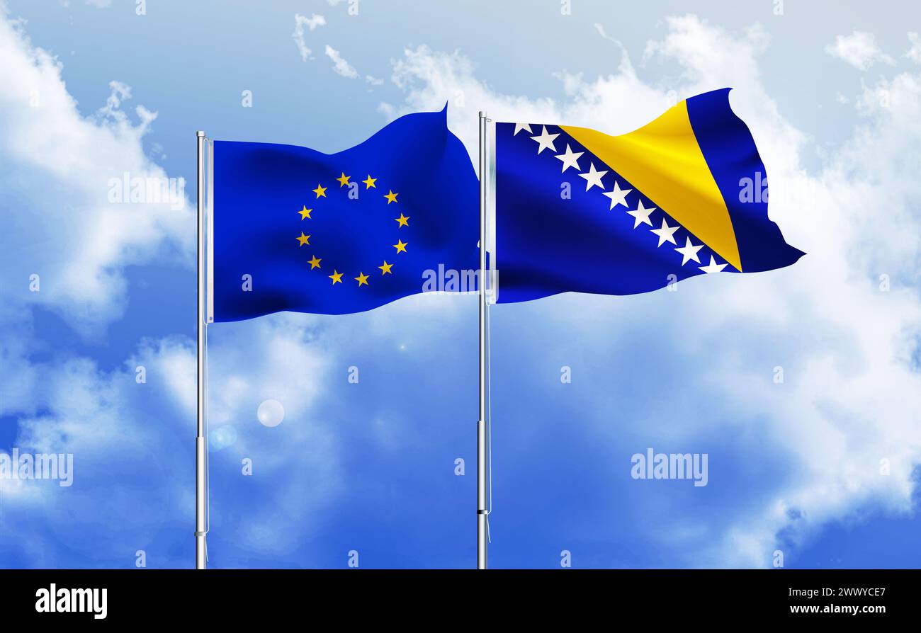 Bosnia,Herzegovina and EU flags together waving against blue sky Stock ...
