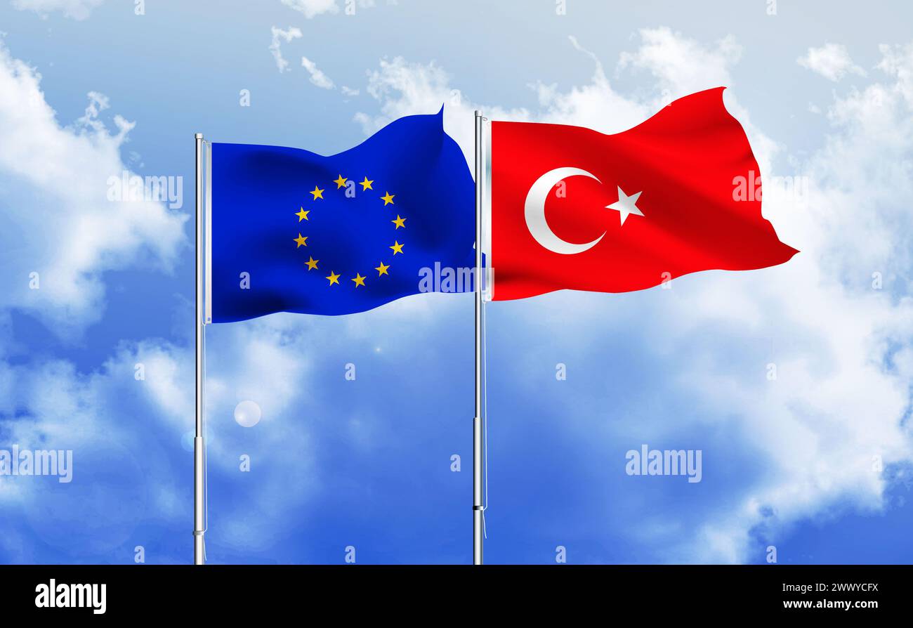 Turkey and EU flags together waving against blue sky Stock Photo - Alamy