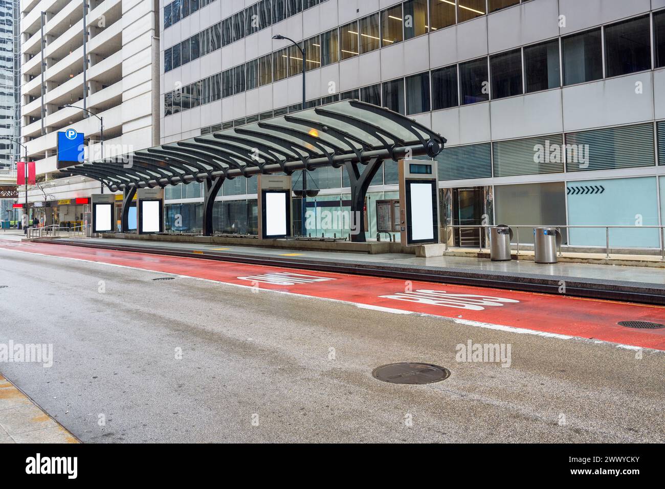 Deserted downtown bus stop with blan billboars on a rainy day Stock ...