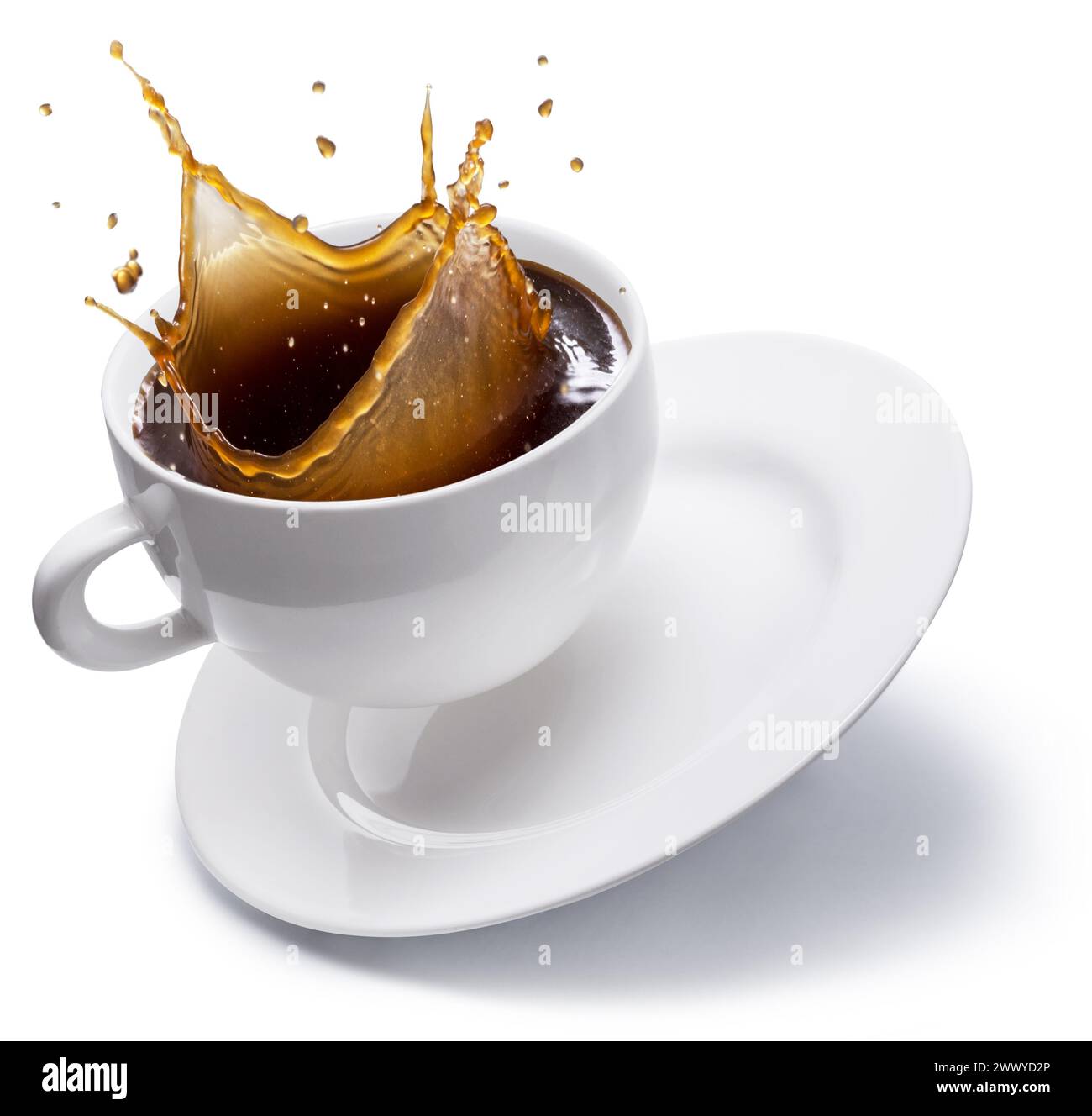 Coffee drink splashing from cup of coffee isolated on white background ...