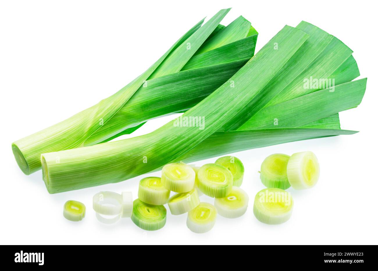 Fresh green leek stems and leek slices isolated on white background ...
