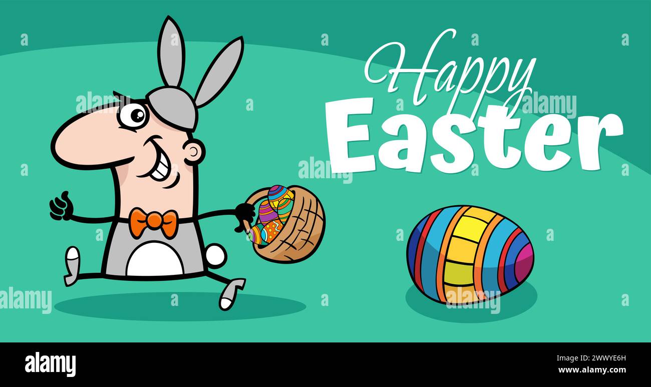 Cartoon illustration of funny man in bunny costume with Easter eggs ...