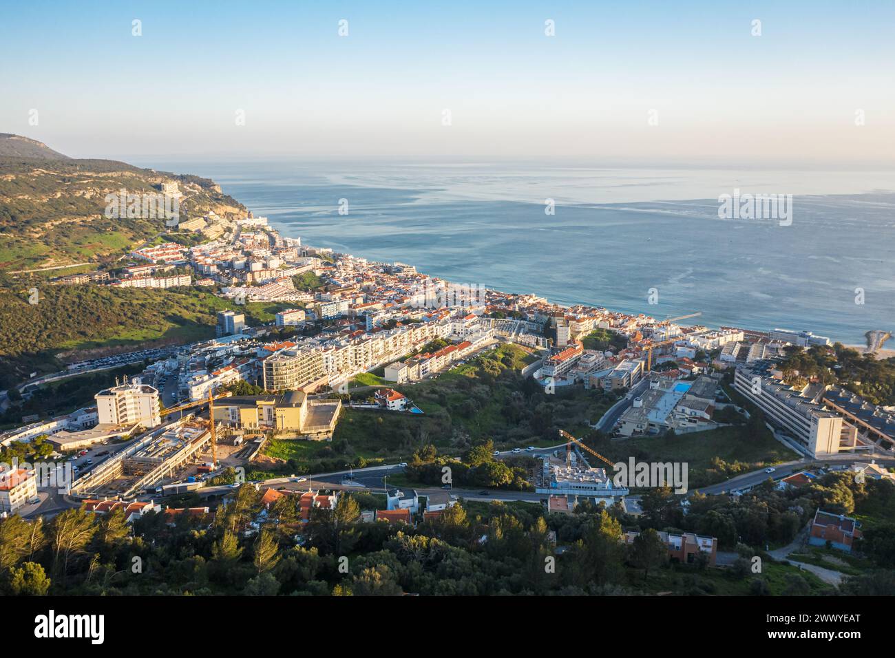 Drone aerial view on Sesimbra, fishing town in Setubal district in ...
