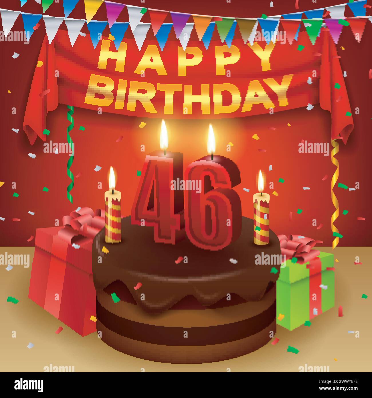 Happy 46th Birthday with chocolate cream cake and triangular flag ...