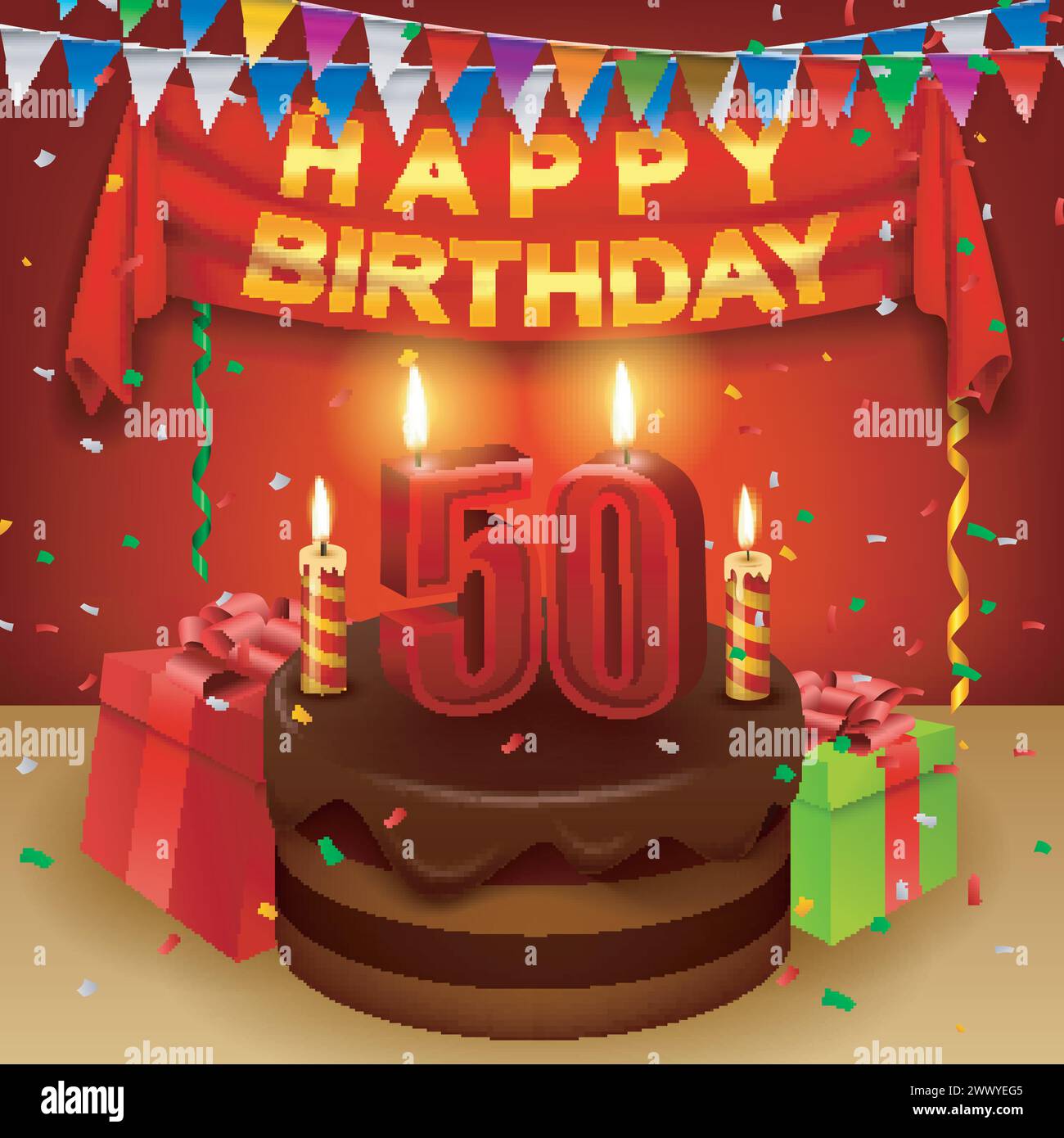 Happy 50th Birthday with chocolate cream cake and triangular flag ...