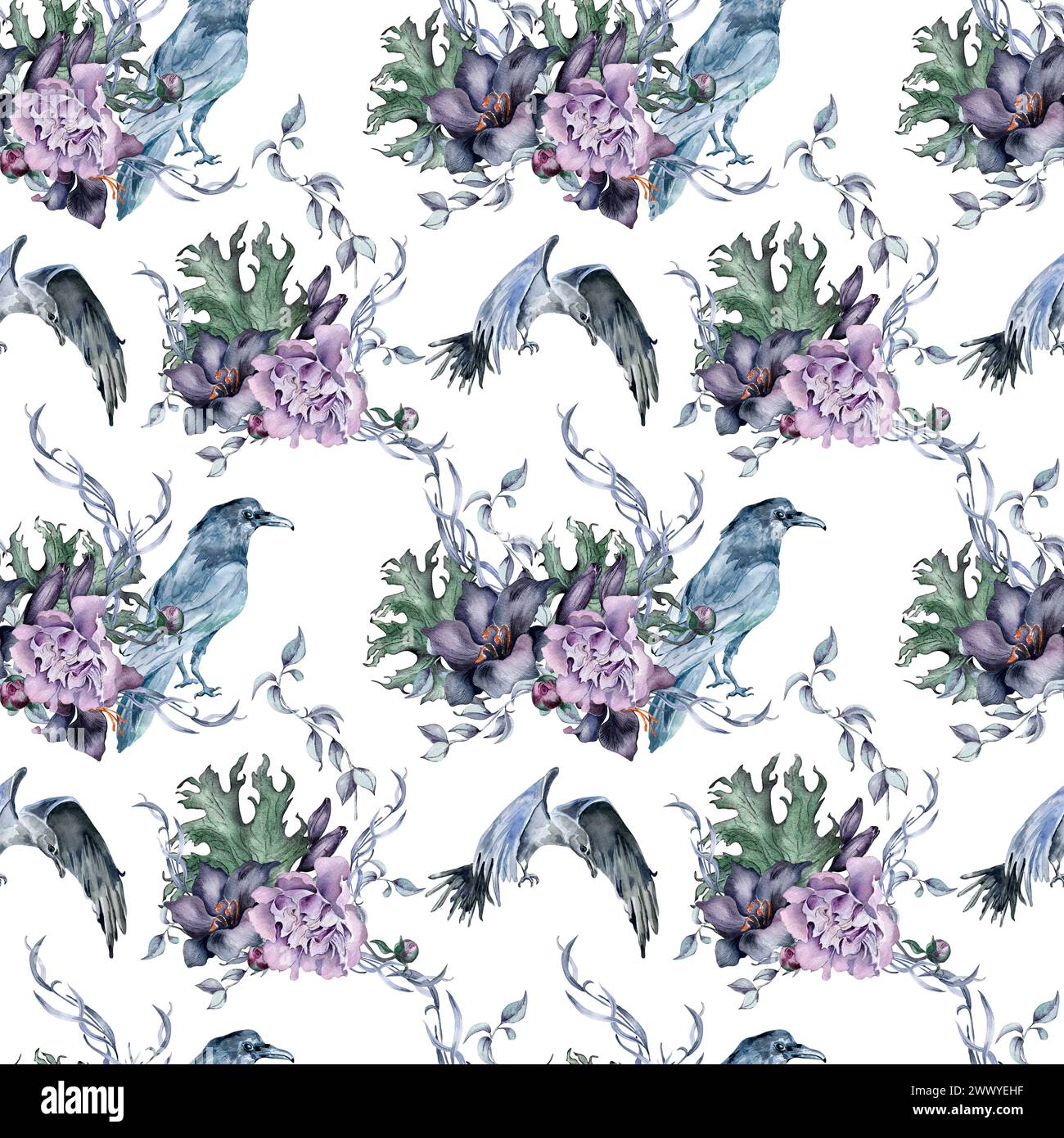 Gothic floral seamless pattern with crow drawn. Black lily, peony and ...