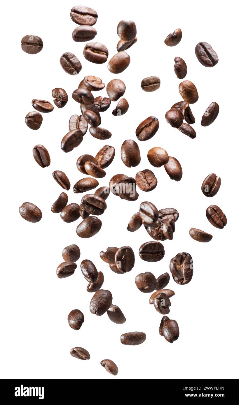 Coffee beans falling down on on white background. File contains ...