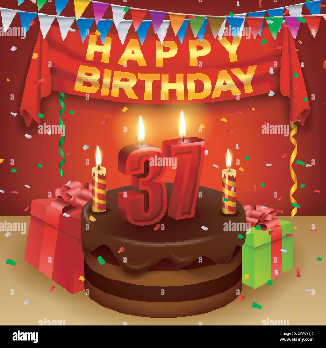 Happy 37th Birthday with Chocolate Cream Cake and Triangular Flag ...