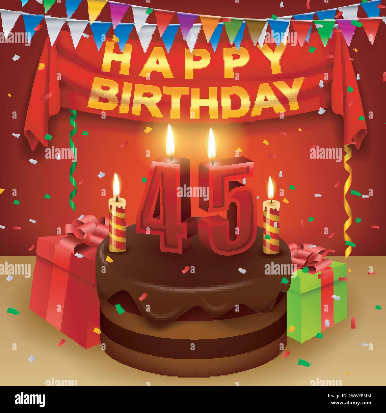 Happy 45th Birthday with chocolate cream cake and triangular flag ...