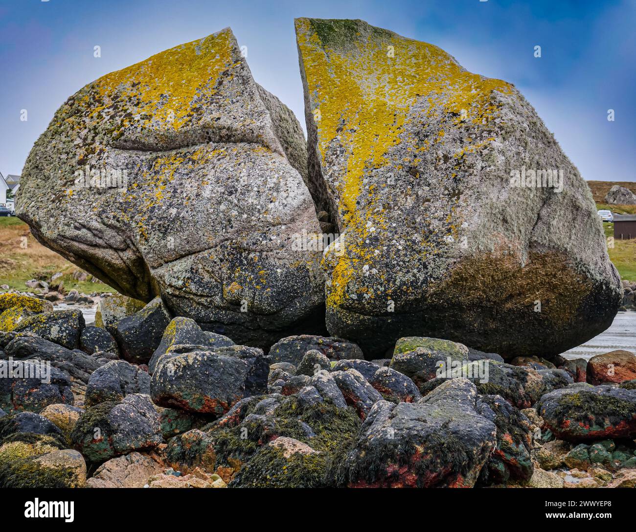 Large erratic stone split by frost, Fionnphort, Isle of Mull, Inner ...