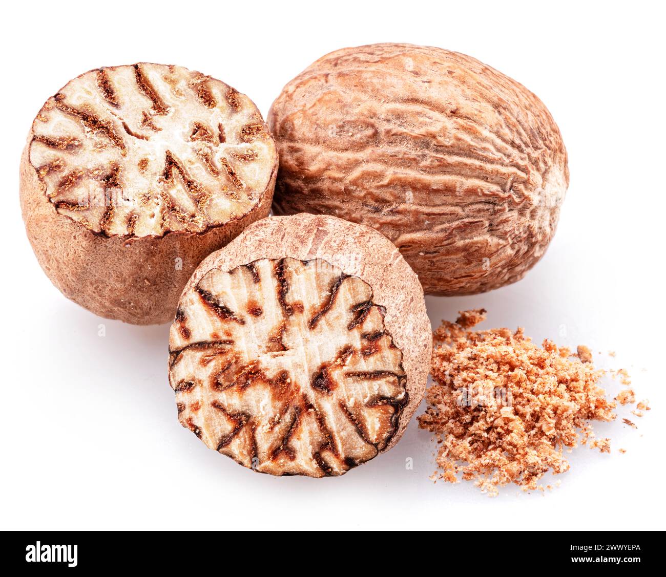Nutmeg and ground nutmeg heap isolated on white background Stock Photo ...