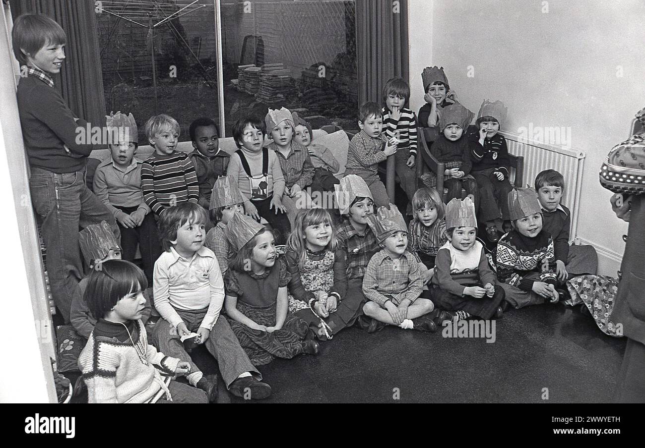 1970s, historical, childrens party, excited group of young children ...