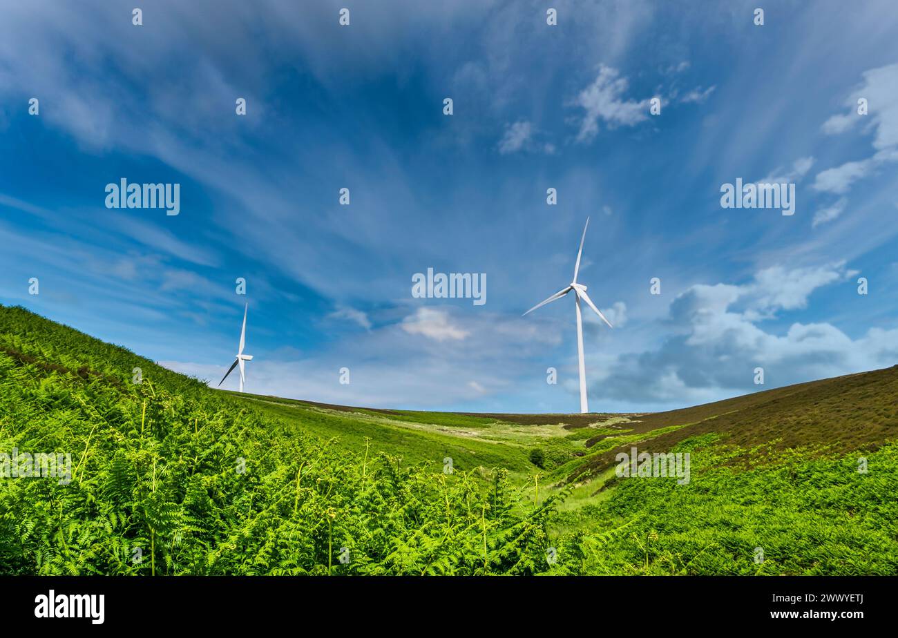 Two wind turbines on top of a hill in the Lammermuir Hills, Scotland ...