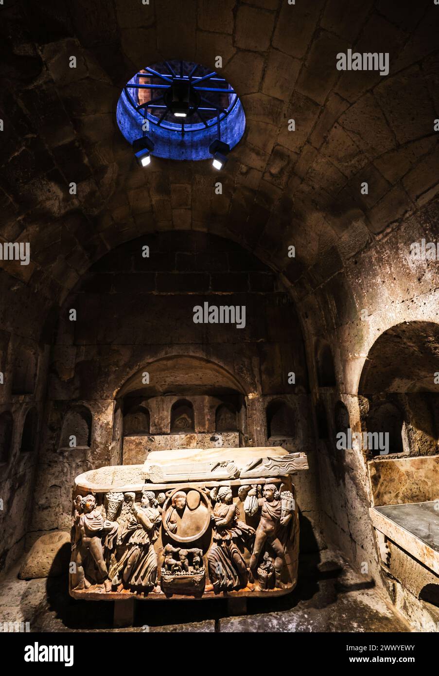 Cologne, Germany. 26th Mar, 2024. A sarcophagus stands in the burial ...