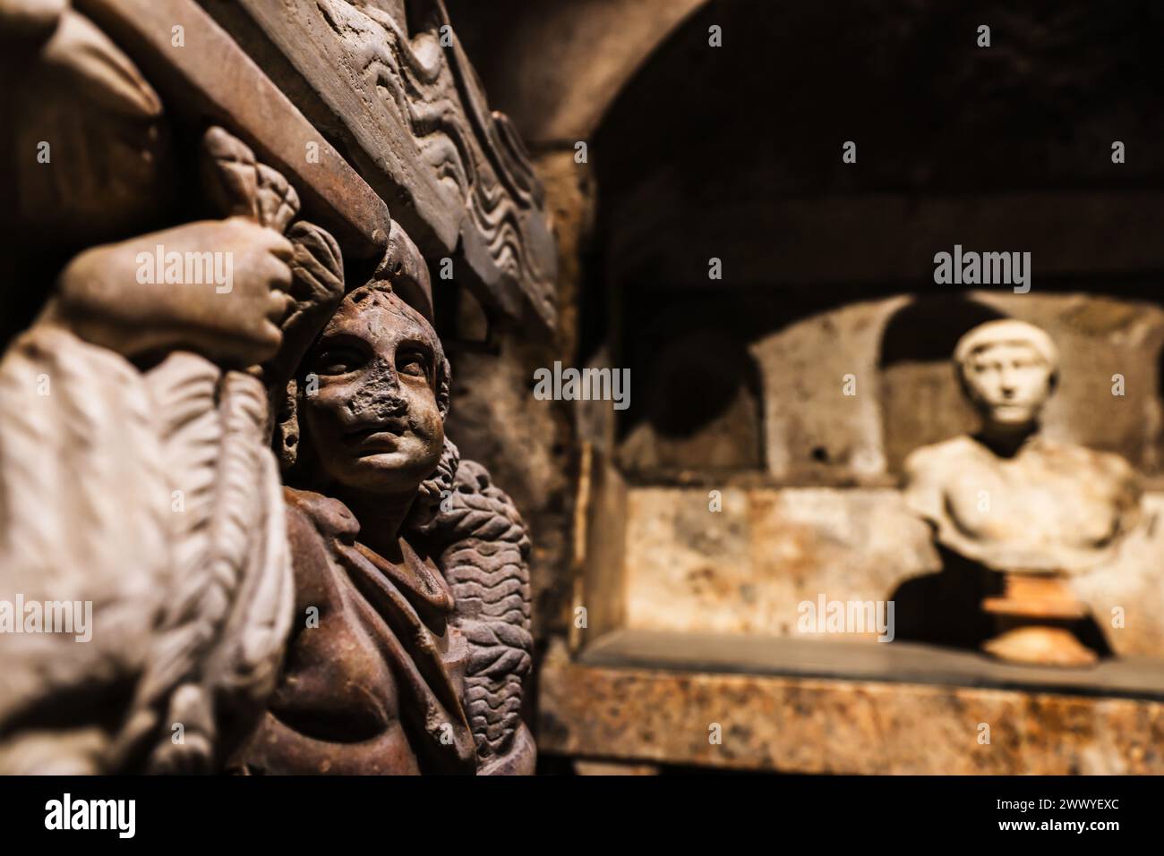Cologne, Germany. 26th Mar, 2024. A figure (l) adorns the sarcophagus ...