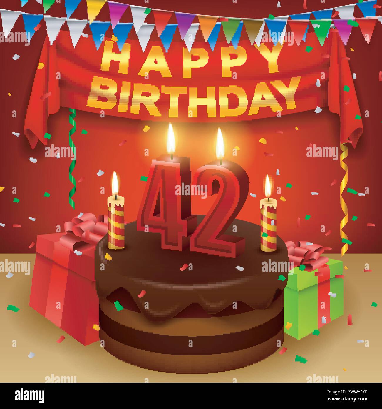 Happy 42th Birthday with Chocolate Cream Cake and Triangular Flag ...