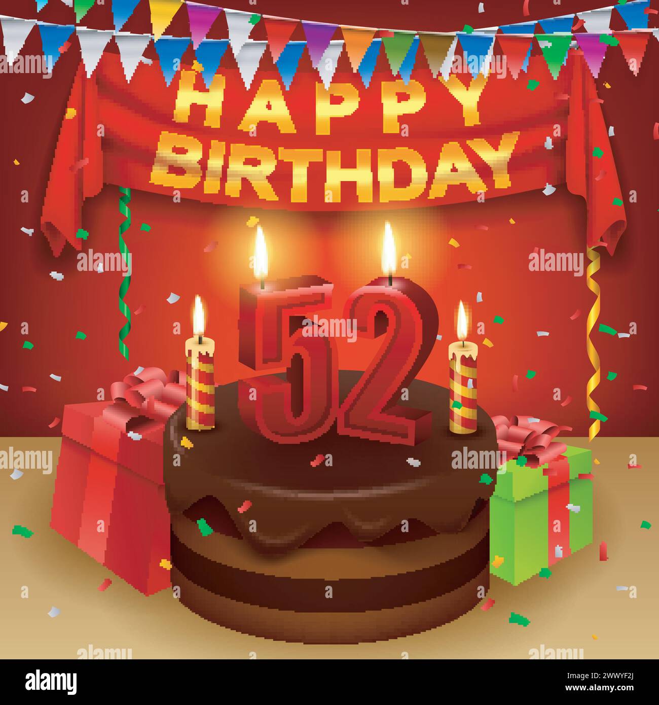 Happy 52th Birthday with Chocolate Cream Cake and Triangular Flag ...